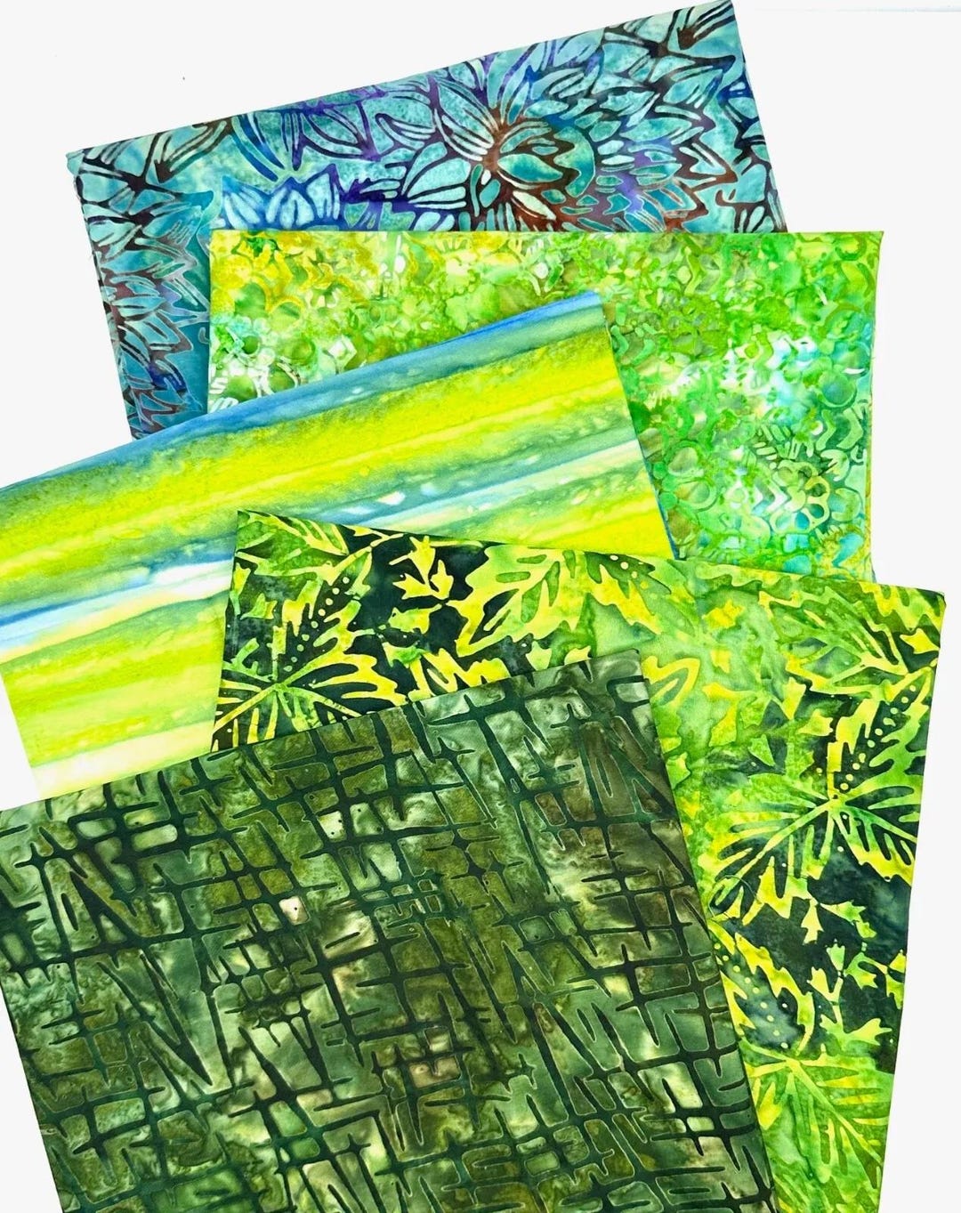 5 YARDS Batik Blue Green Marbled Watercolors Batik Cotton Batik Fabric ...