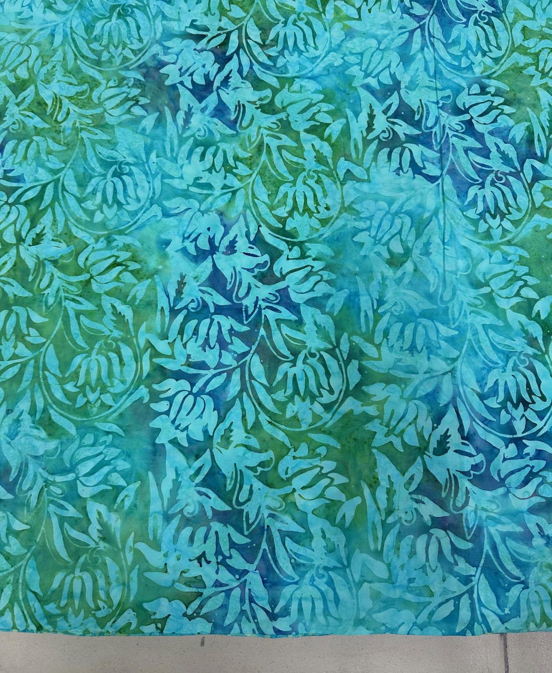 4 YARDS Java Batik Medium Turquoise Blue Aqua Leaf Leafy Marbled ...