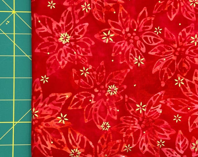 2 YARDS Java Batik Deep Red Crimson Gold Star Poinsettia Mottled Solid ...