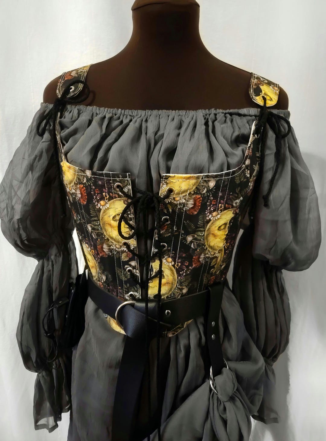 Black Mushroom and Moon Corset Top, Stays, Renaissance Corset, Bodice ...