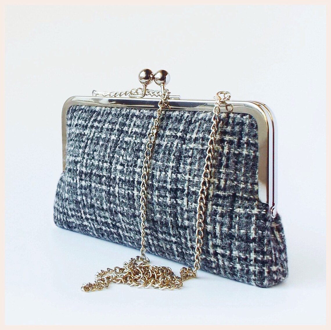 Clutch purse black and white check bag Harris Tweed bag | Etsy