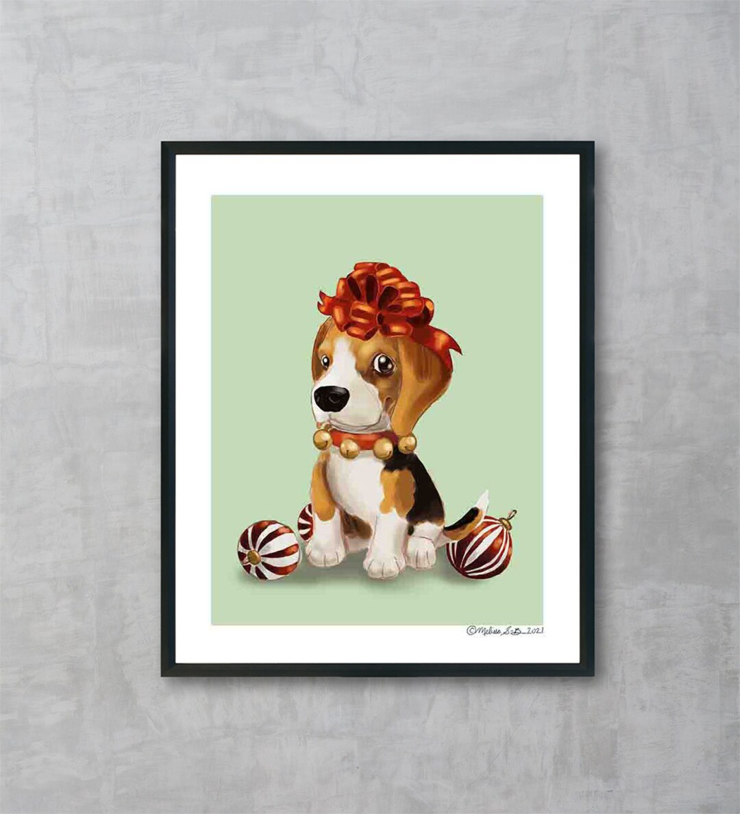Beagle Puppy Christmas Art Print | Unframed | Whimsical | Home Decor ...