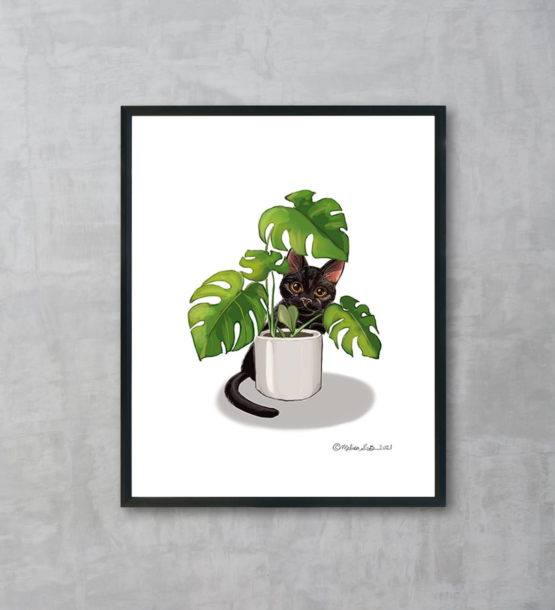 Black Cat and Monstera Plant Fine Art Print | Unframed | Animals ...