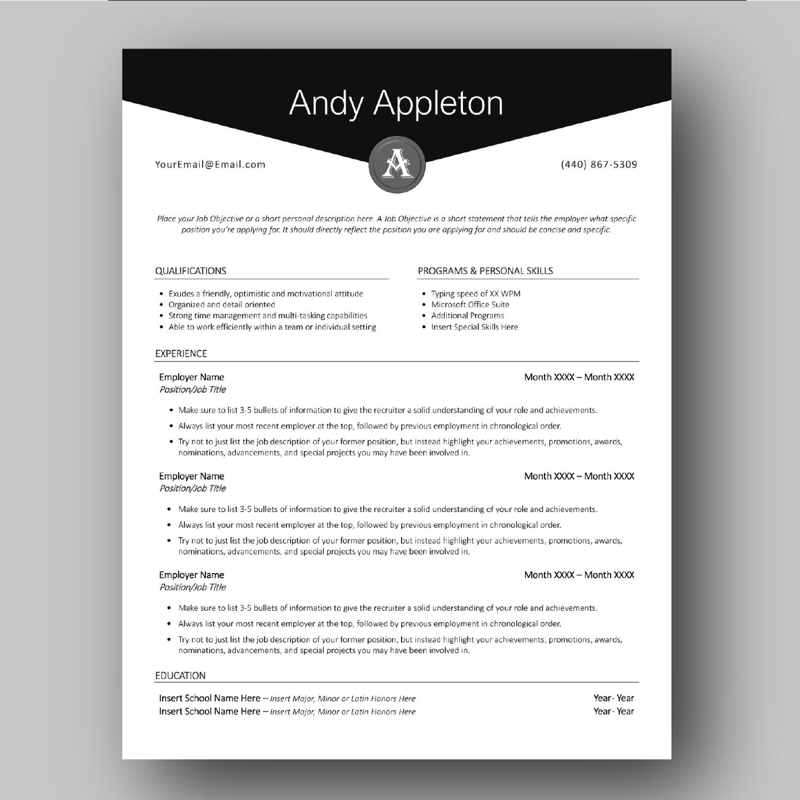 Clean Modern Professional Monogram CV Resume Template for Microsoft ...