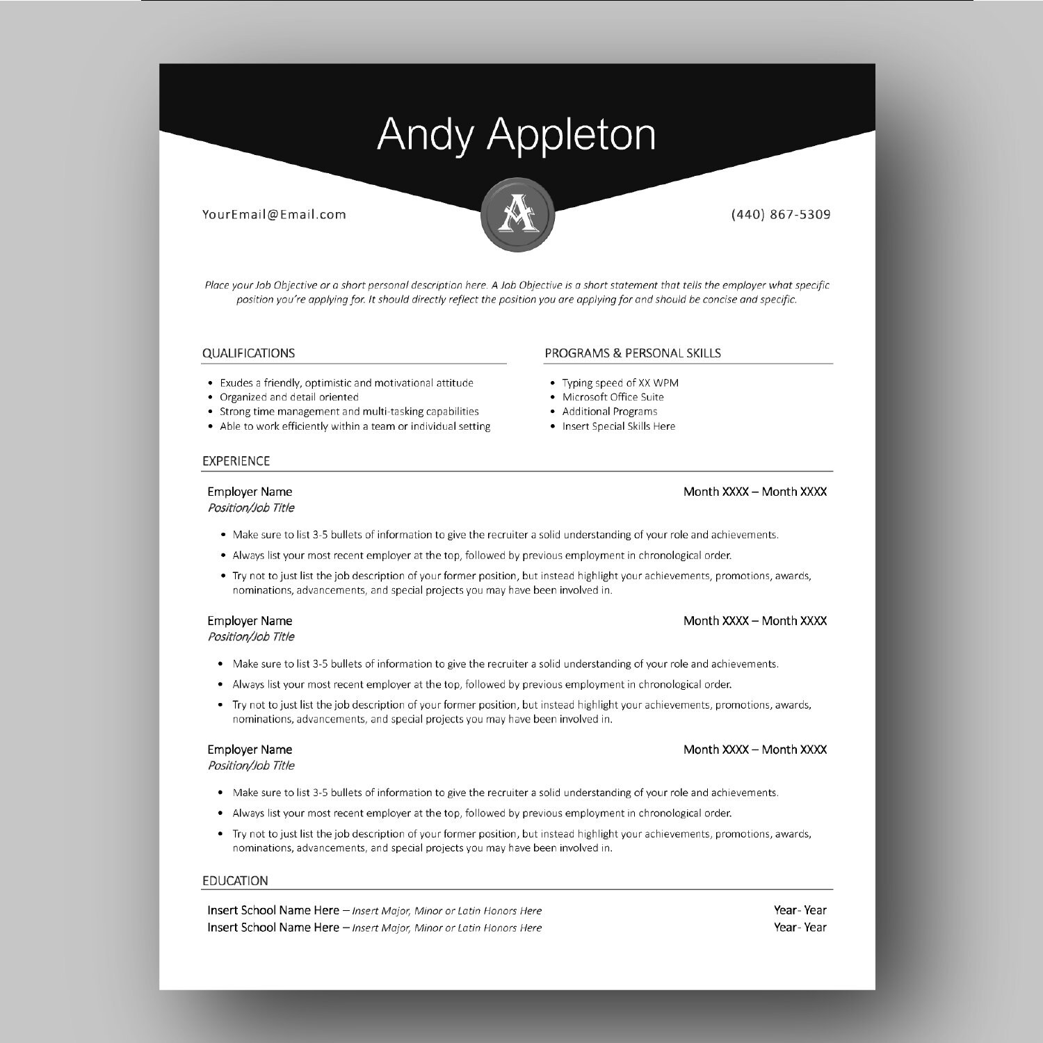 Clean Modern Professional Monogram CV Resume Template for Microsoft ...
