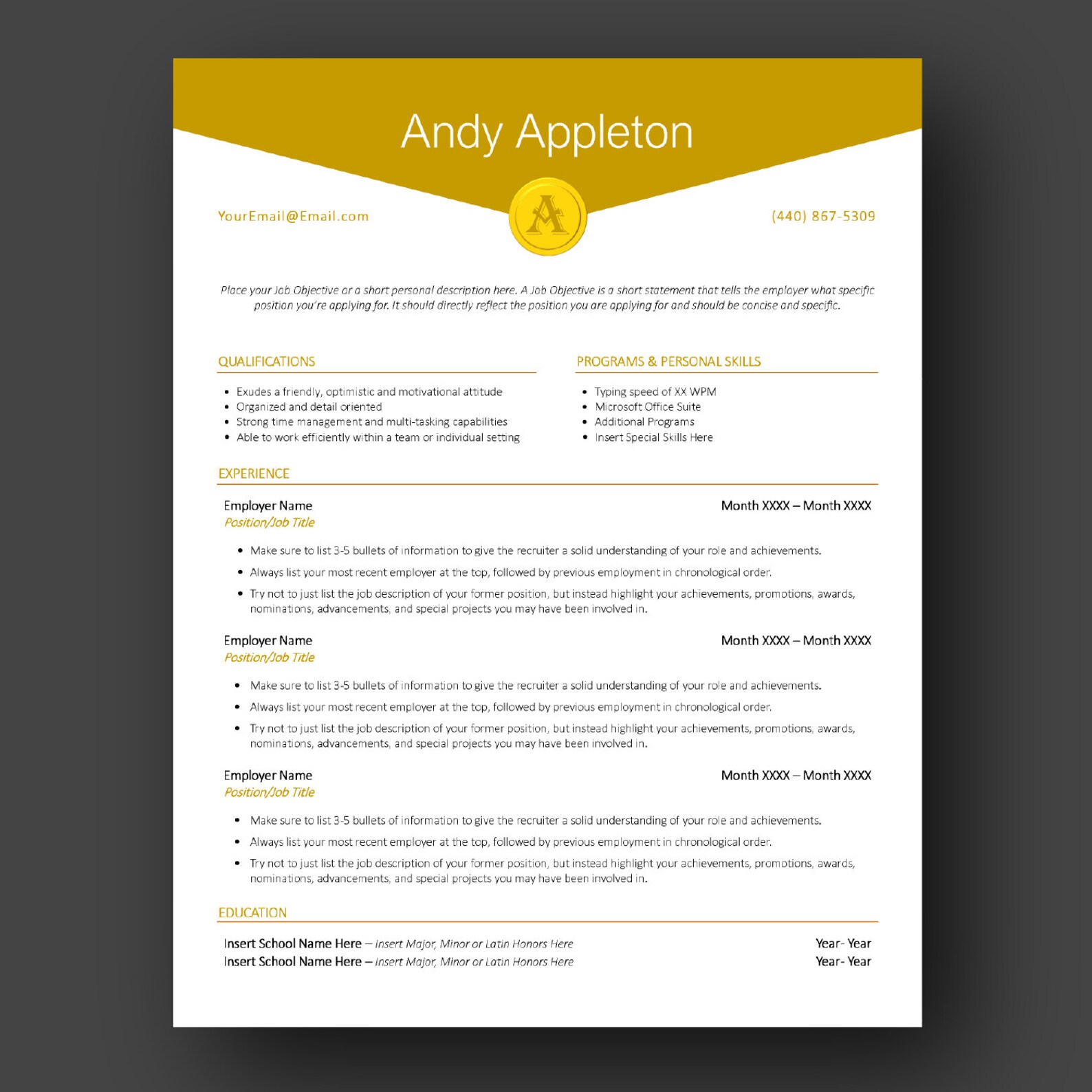 Modern Professional Monogram CV Resume Template for Microsoft Word With ...