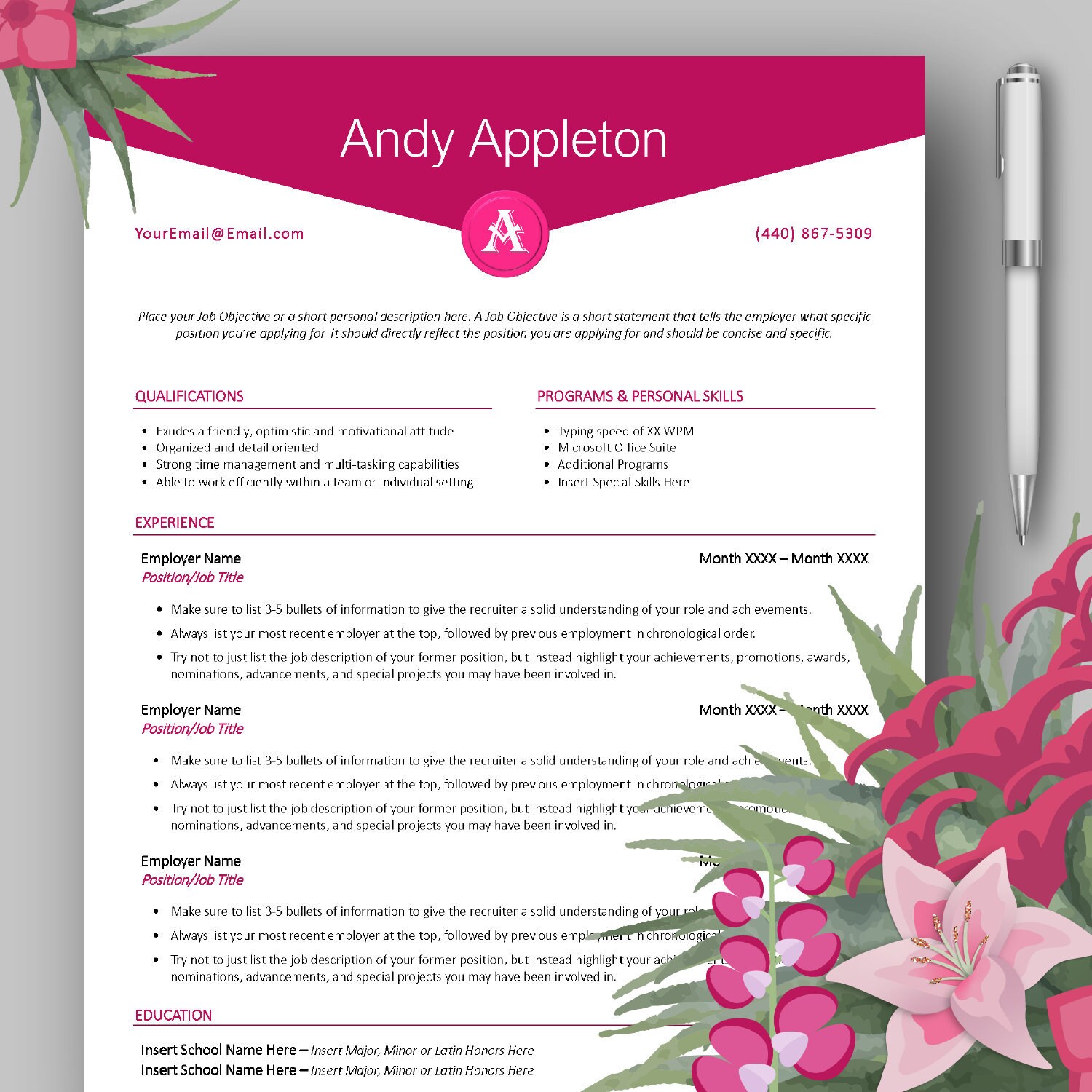 Clean Modern Professional Monogram CV Resume Template for Microsoft ...