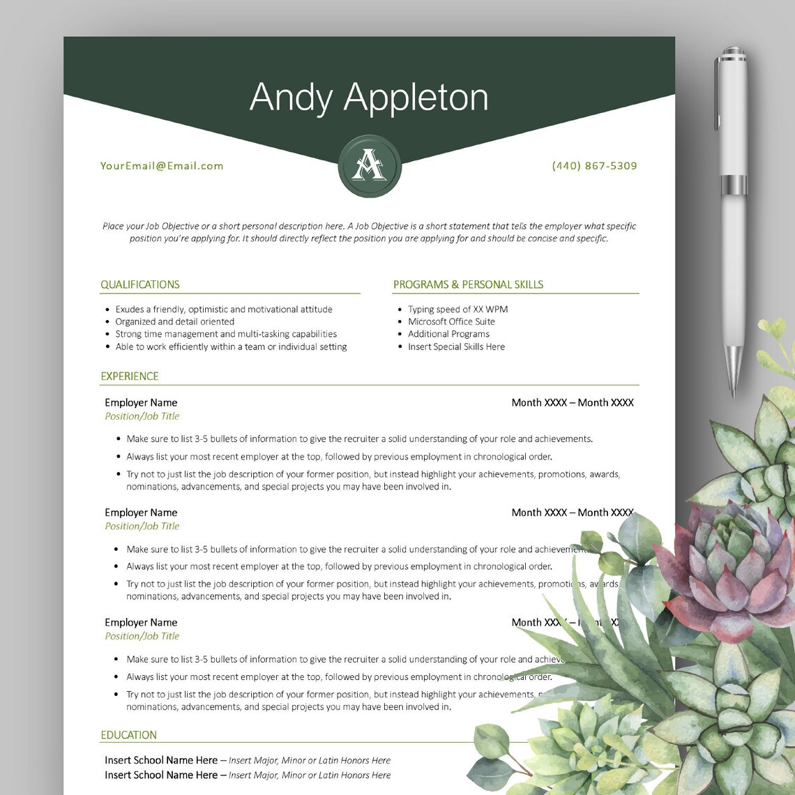 Modern Professional Monogram CV Resume Template for Microsoft - Etsy