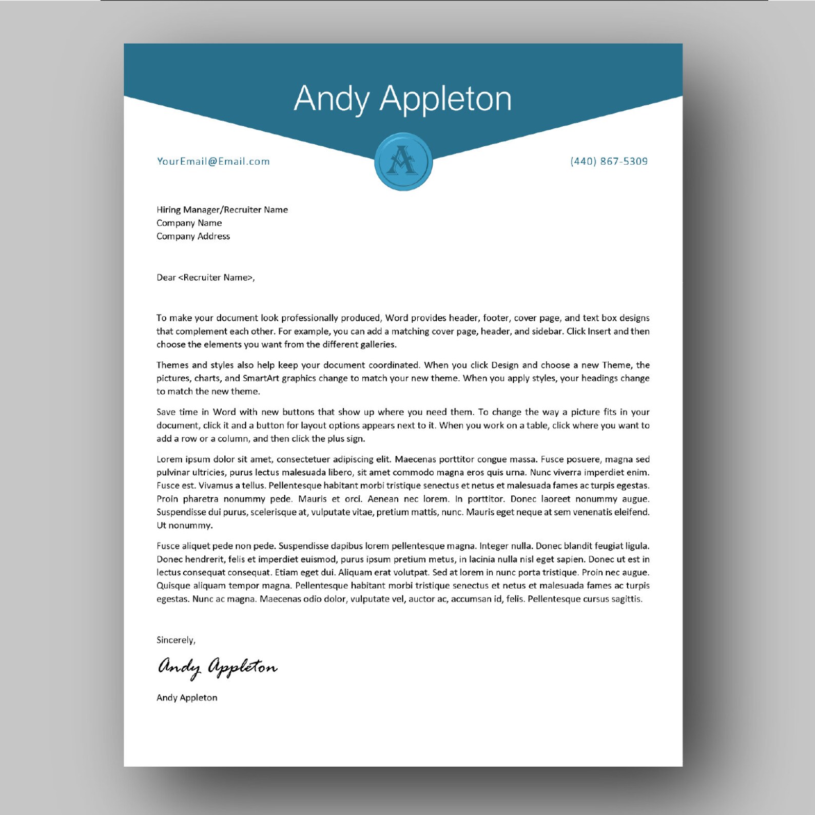 Modern Professional Monogram Resume Template for Microsoft Word With ...