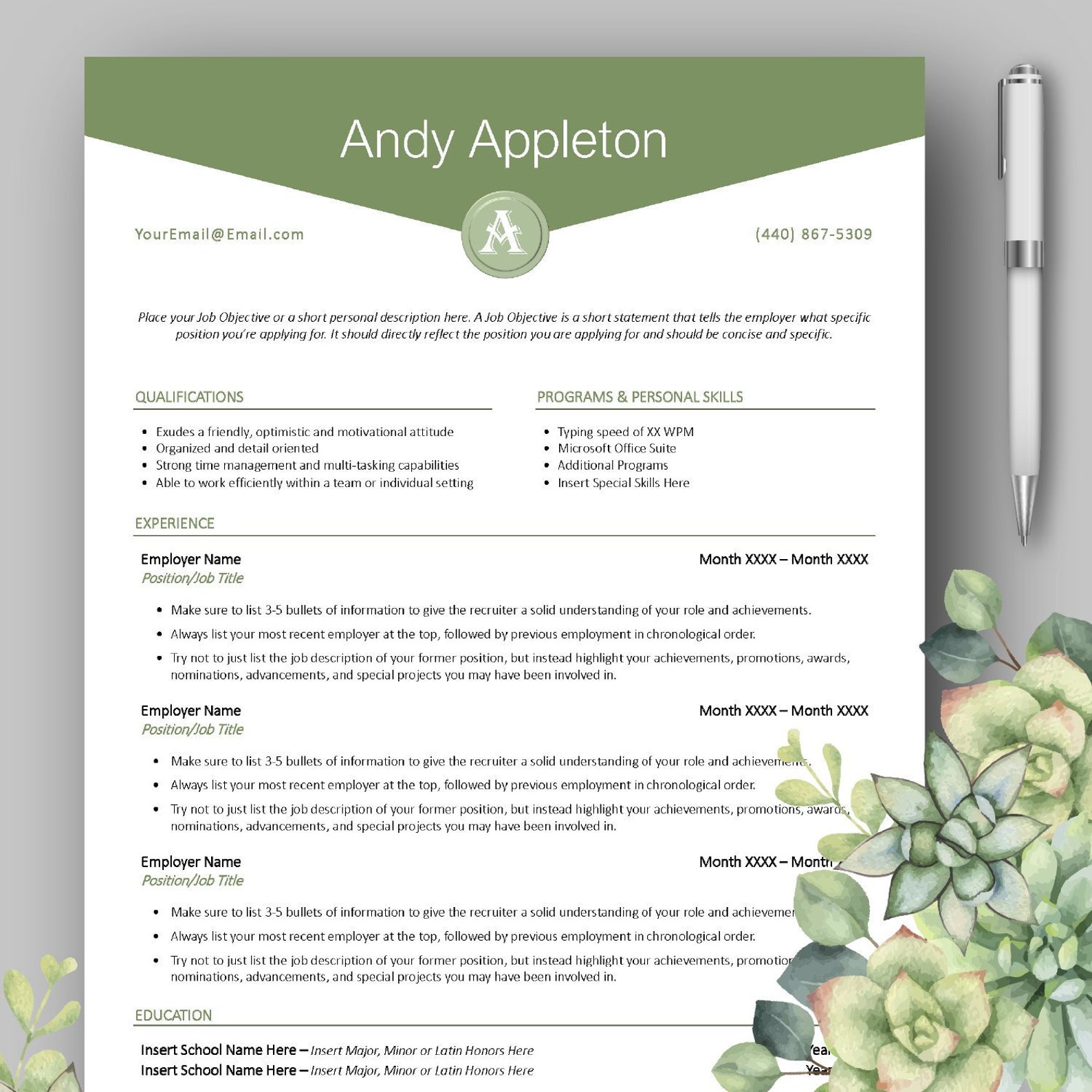 Modern Professional Monogram Resume Template for Microsoft Word With ...