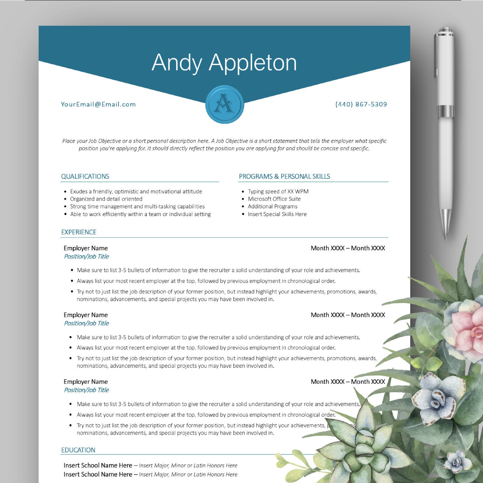 Modern Professional Monogram Resume Template for Microsoft Word With ...