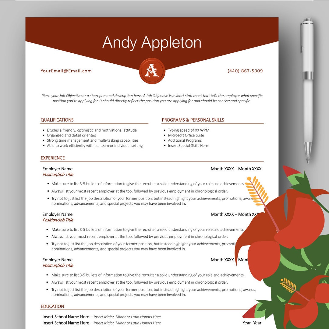 Modern Professional Monogram CV Resume Template for Microsoft Word With ...
