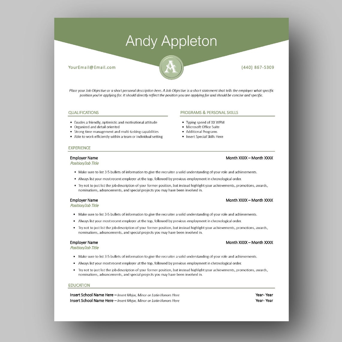 Modern Professional Monogram Resume Template for Microsoft Word With ...
