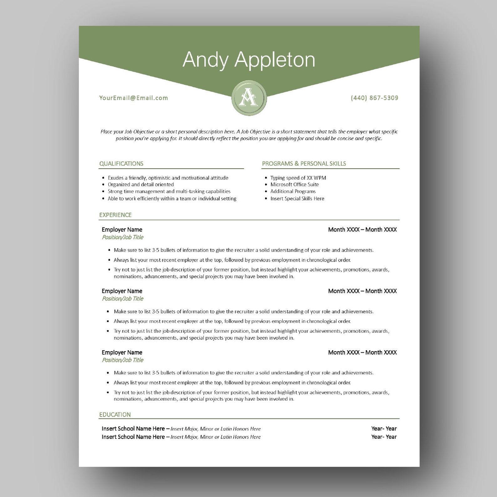 Modern Professional Monogram Resume Template for Microsoft Word With ...
