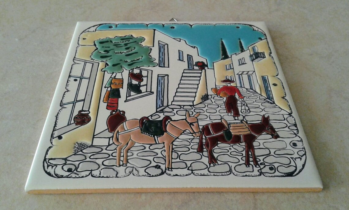 Ceramic Art Tile, Greek Handmade, Hand Painted in Relief Wall Hanging ...
