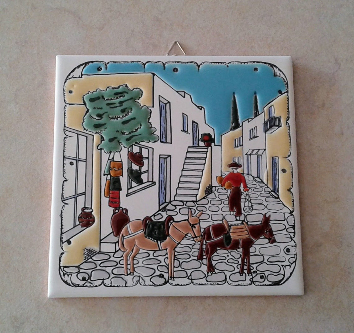 Ceramic Art Tile, Greek Handmade, Hand Painted in Relief Wall Hanging ...