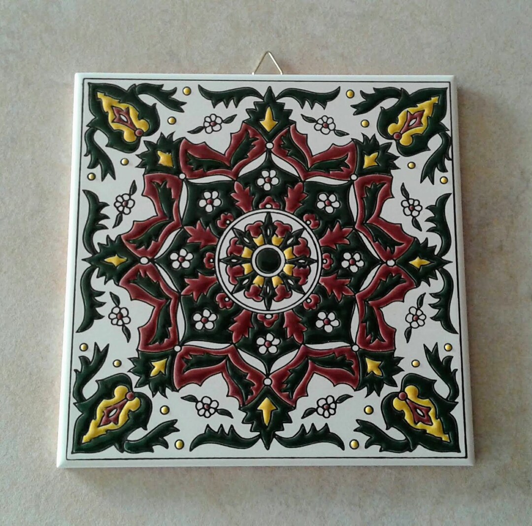 Greek Handmade Ceramic Art Tile: Hand-painted Relief Geometric Wall ...