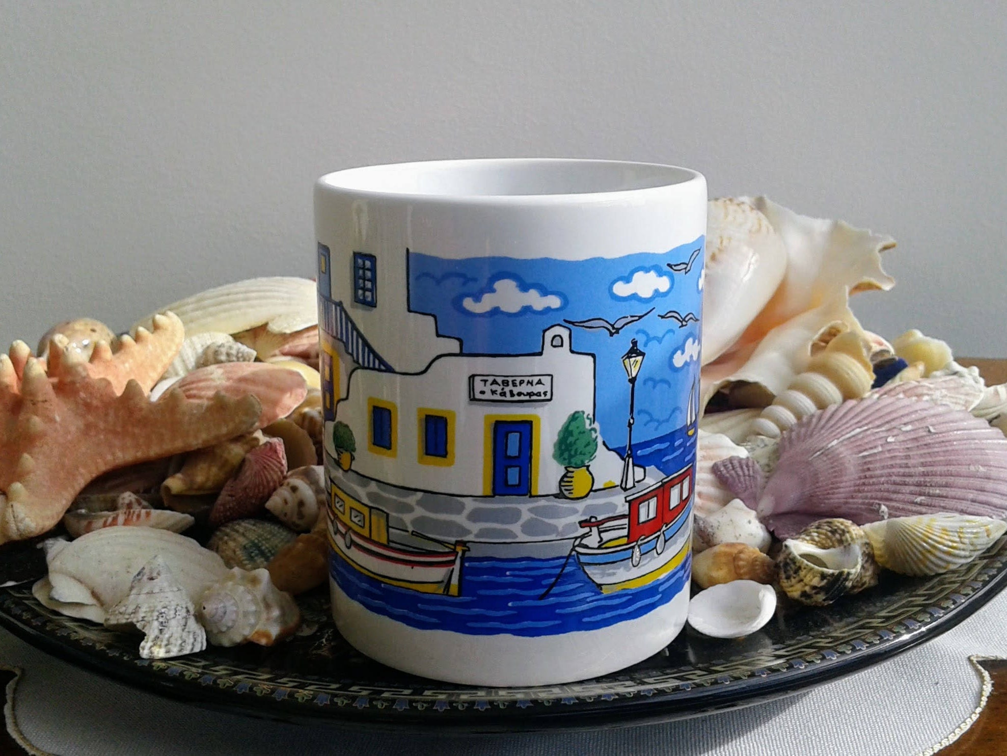 Ceramic Mug, Greek Islands, Boats and Gulls (stoneware, Tea Cups ...