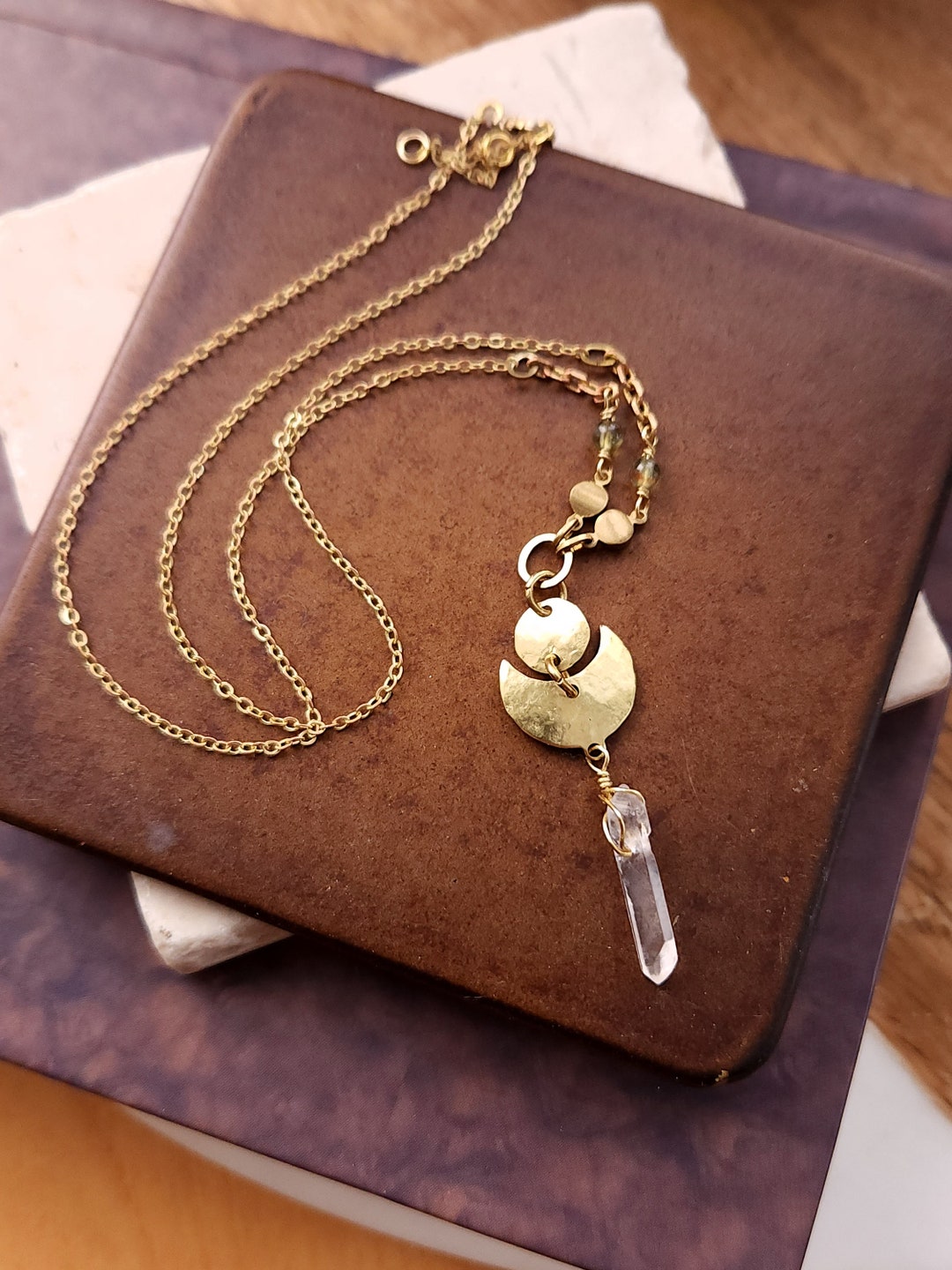 Natural Red Hematoid Phantom Quartz Hammered Brass Y or Lariat Necklace ...
