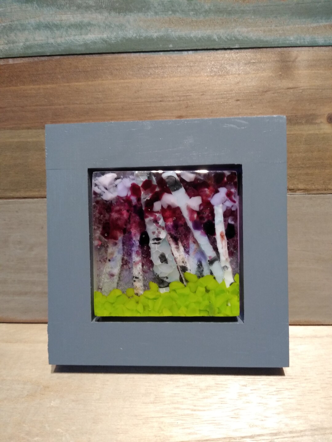 Small Glass Art/purple Glass/ Birch Tree Art/fused Glass Art/ Framed ...