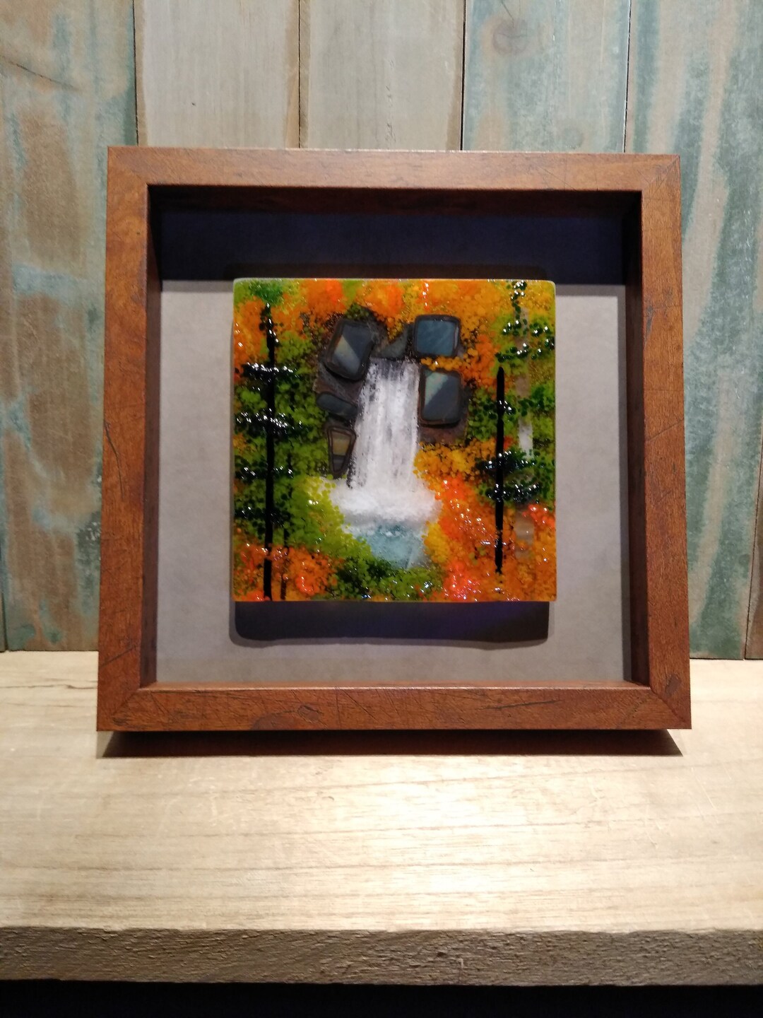 Fused Glass Waterfall Art: Framed Glass Landscape Wall Decor (10x10) - Etsy