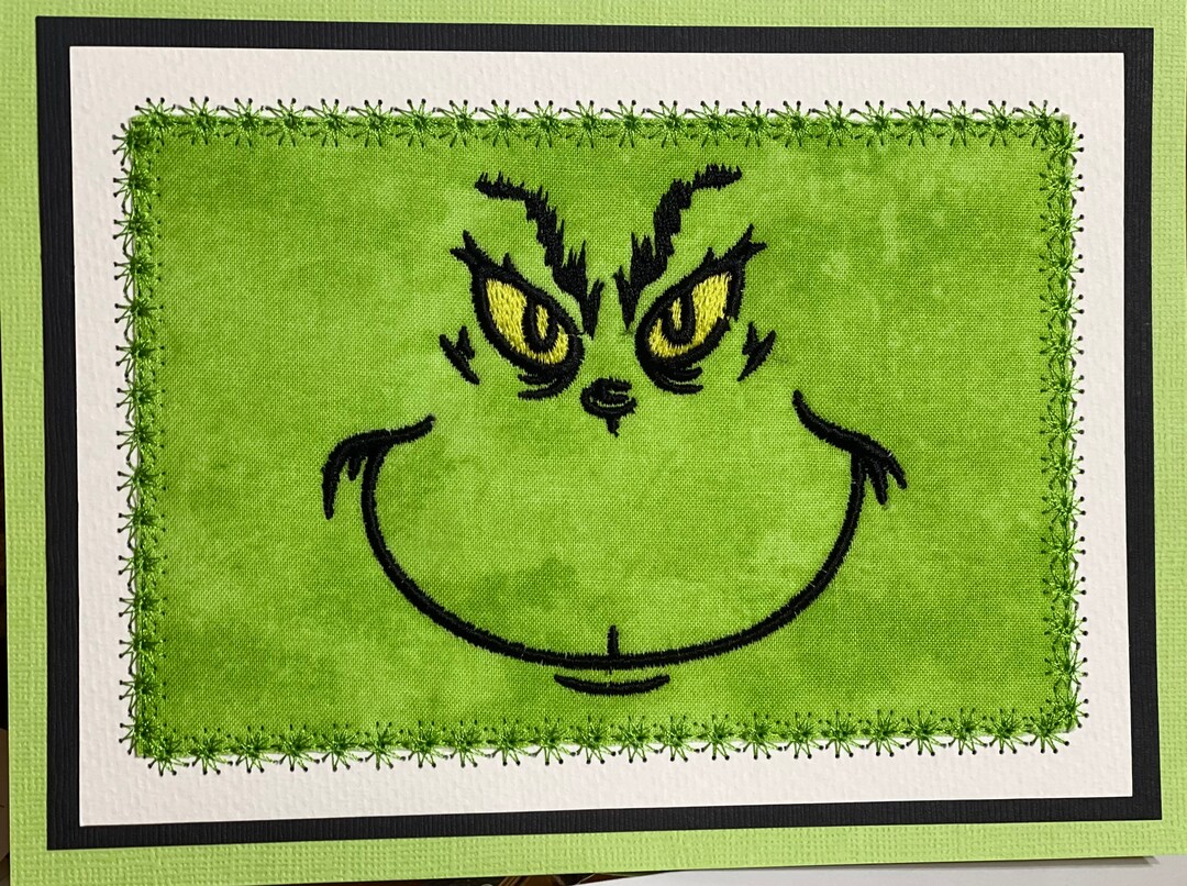 Embroidered/applique Grinch Like Face Christmas Greeting Card - Etsy