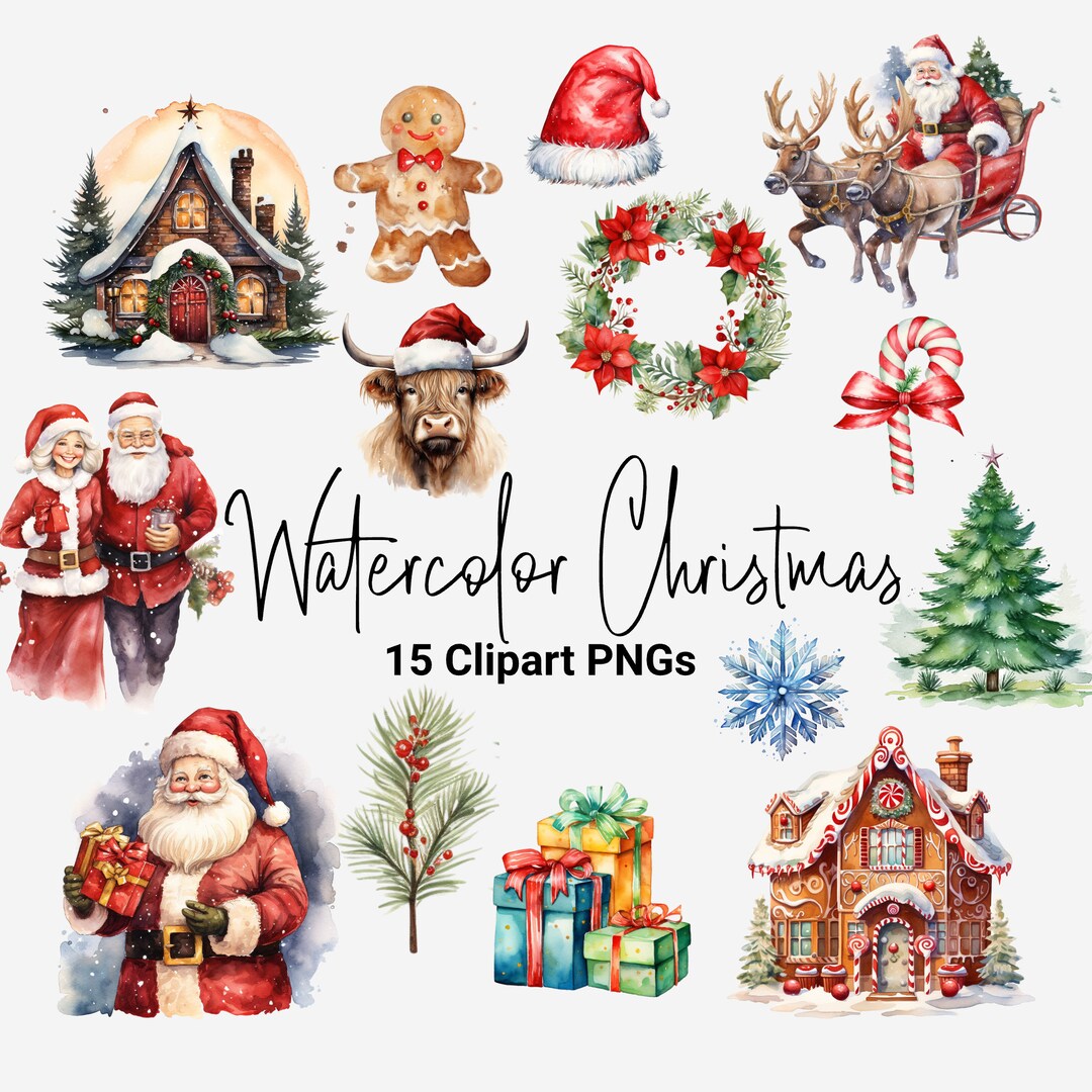 Watercolor Christmas Clipart Bundle, Watercolor Santa Clipart ...