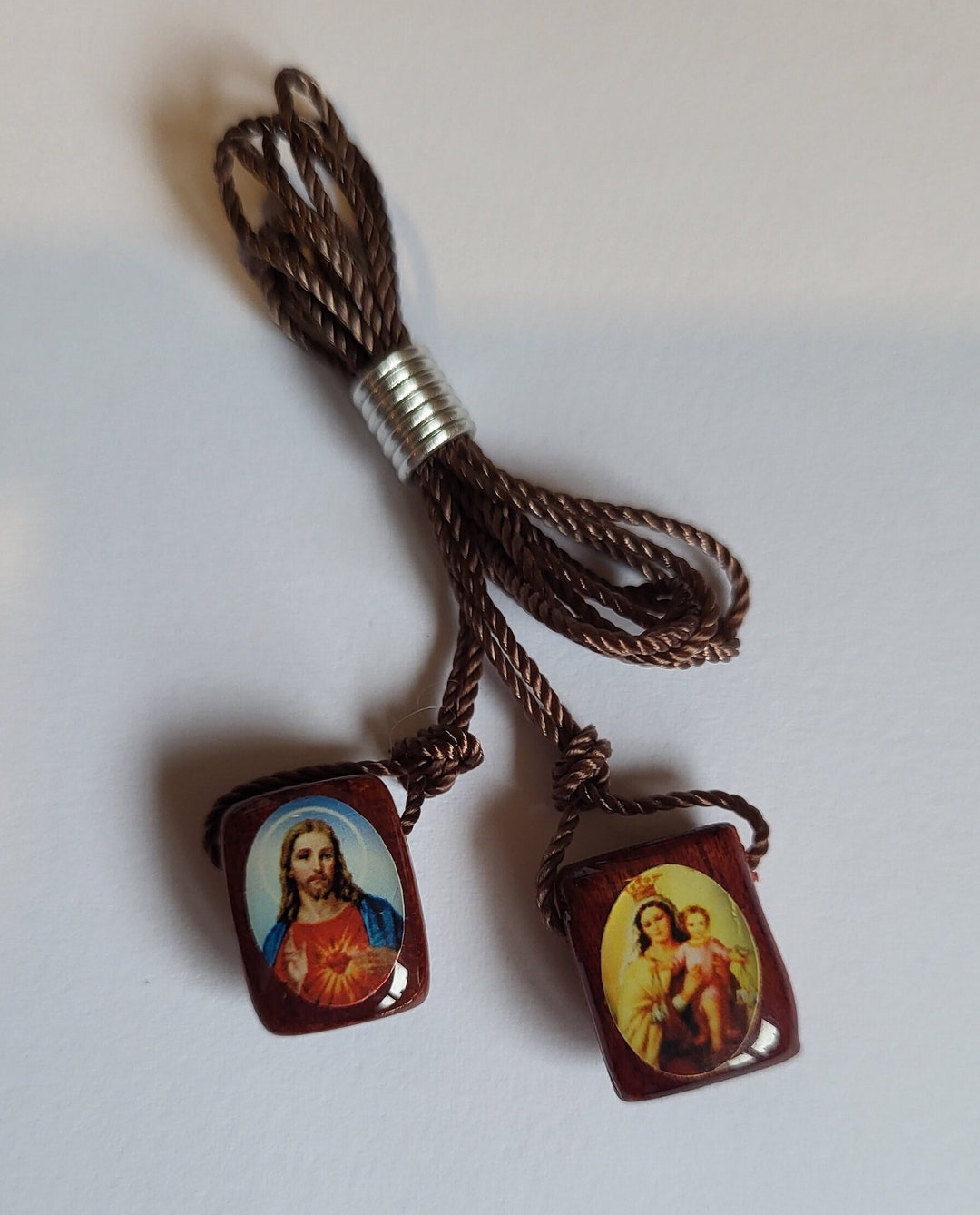 2 X Wood Catholic Brown Scapular, Medal of Jesus/our Lady of Mt. Carmel ...
