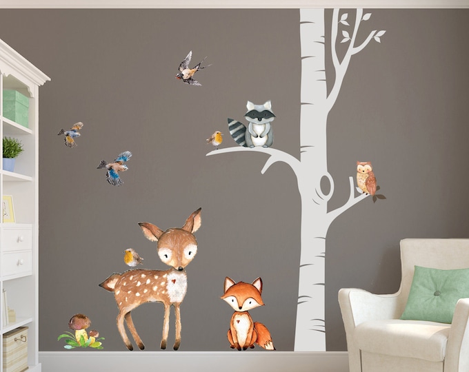 Woodland Nursery Wall Decor 6 Birch Trees Fox & Friends Fox Deer Owl ...