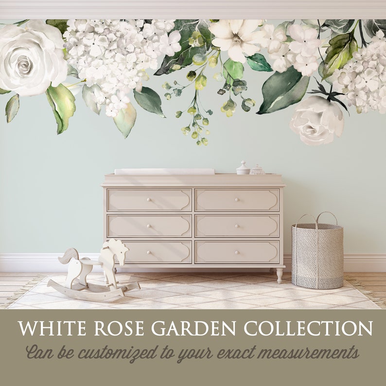 WHITE ROSE GARDEN Floral Wall Decal Mural Blooms Wall Mural Watercolor ...