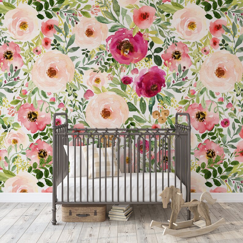 SAMPLE Jessica's Farmhouse Floral Wall Mural Pink Peonies Blooms ...