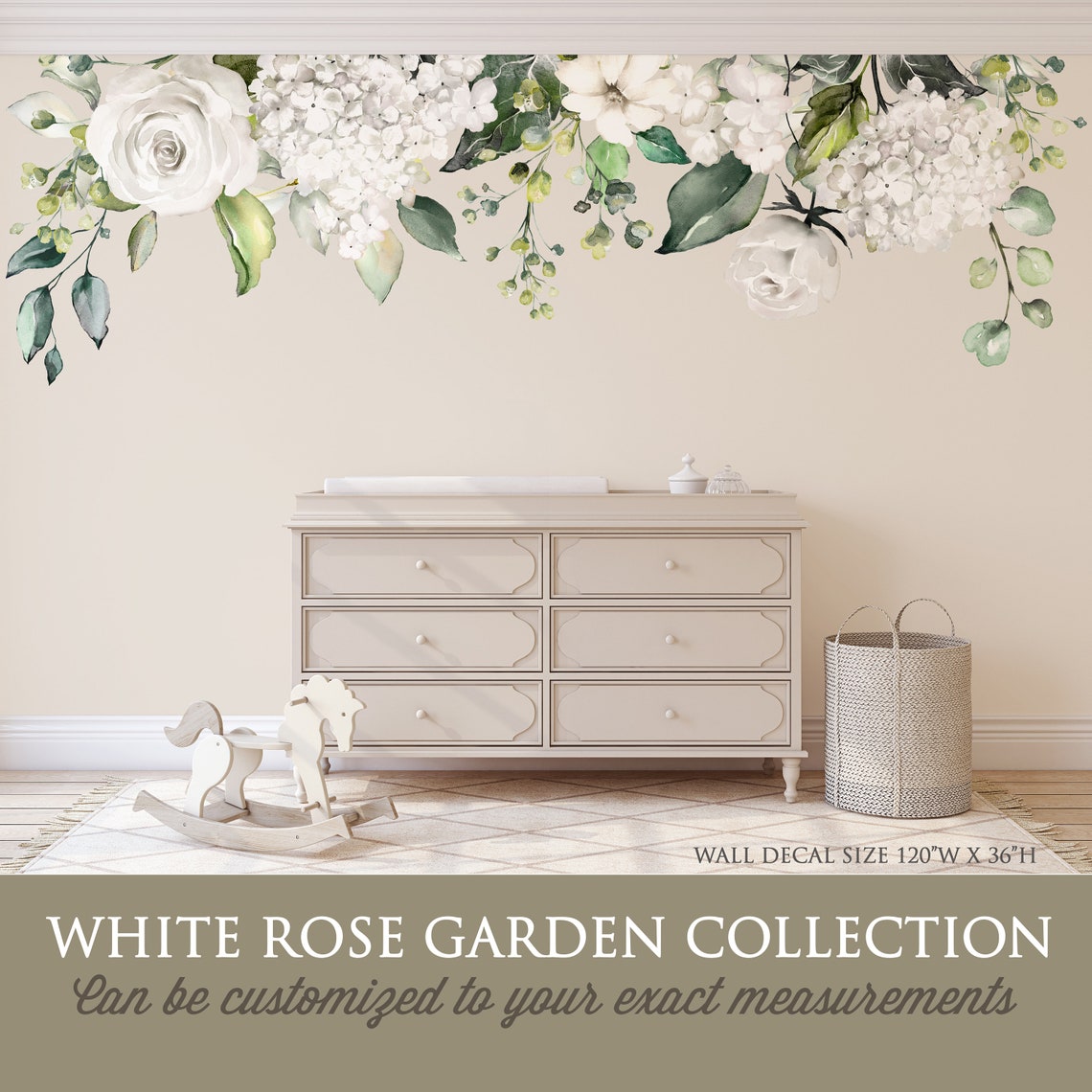 WHITE ROSE GARDEN Floral Wall Decal Mural Blooms Wall Mural Watercolor ...