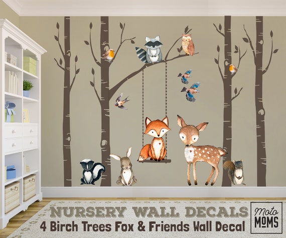 Woodland Nursery Wall Decor 4 Birch Trees Fox & Friends Fox - Etsy