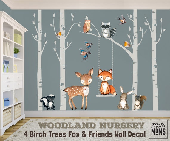 Woodland Nursery Wall Decor 4 Birch Trees Fox & Friends Fox - Etsy