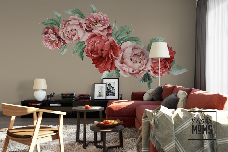 Peony Blossoms Wall Mural Bohemian Vintage Watercolor Flowers Etsy