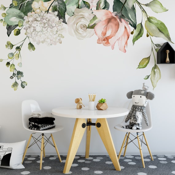 Rose Garden MEGAN CANOPY Wall Floral Mural Pink & White | Etsy