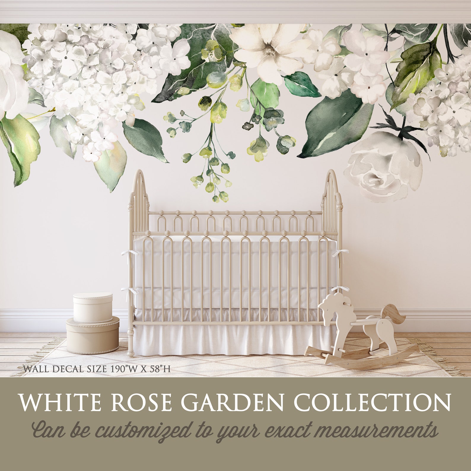 WHITE ROSE GARDEN Floral Wall Decal Mural Blooms Wall Mural Watercolor ...