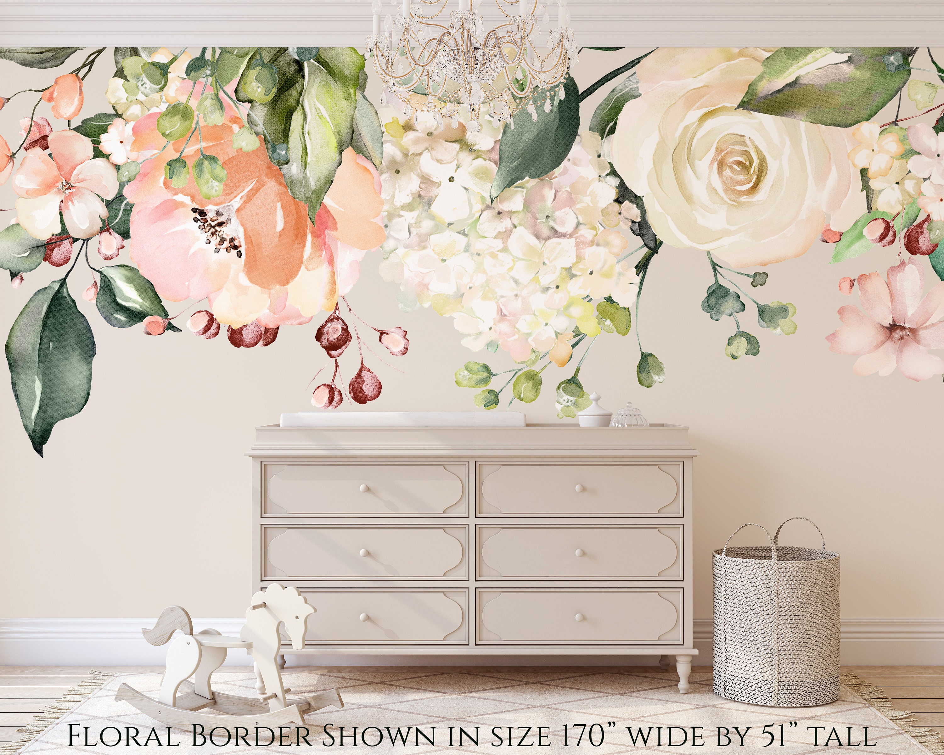 EMMA Rose Garden Floral Wall Border Pink & White Peonies Wall | Etsy