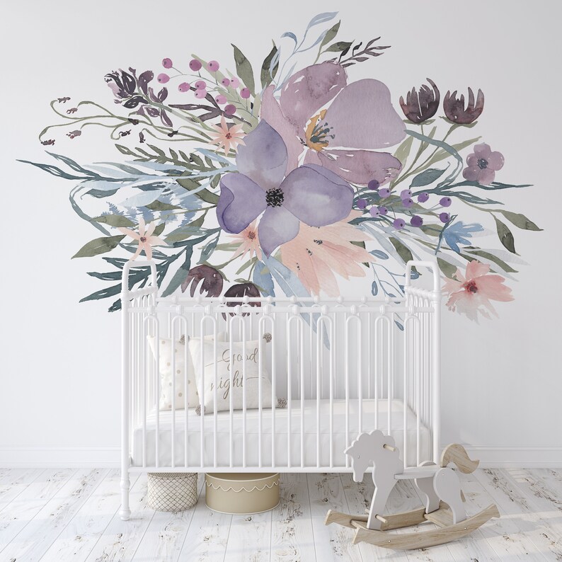 Wall Decal SPRING GARDEN Bouquet Flowers Watercolor Pink Lavender Mural ...