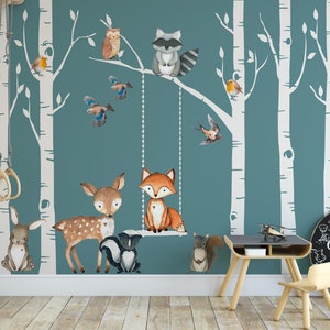 Woodland Nursery Wall Decor 6 Birch Trees Fox & Friends Fox Deer Owl ...