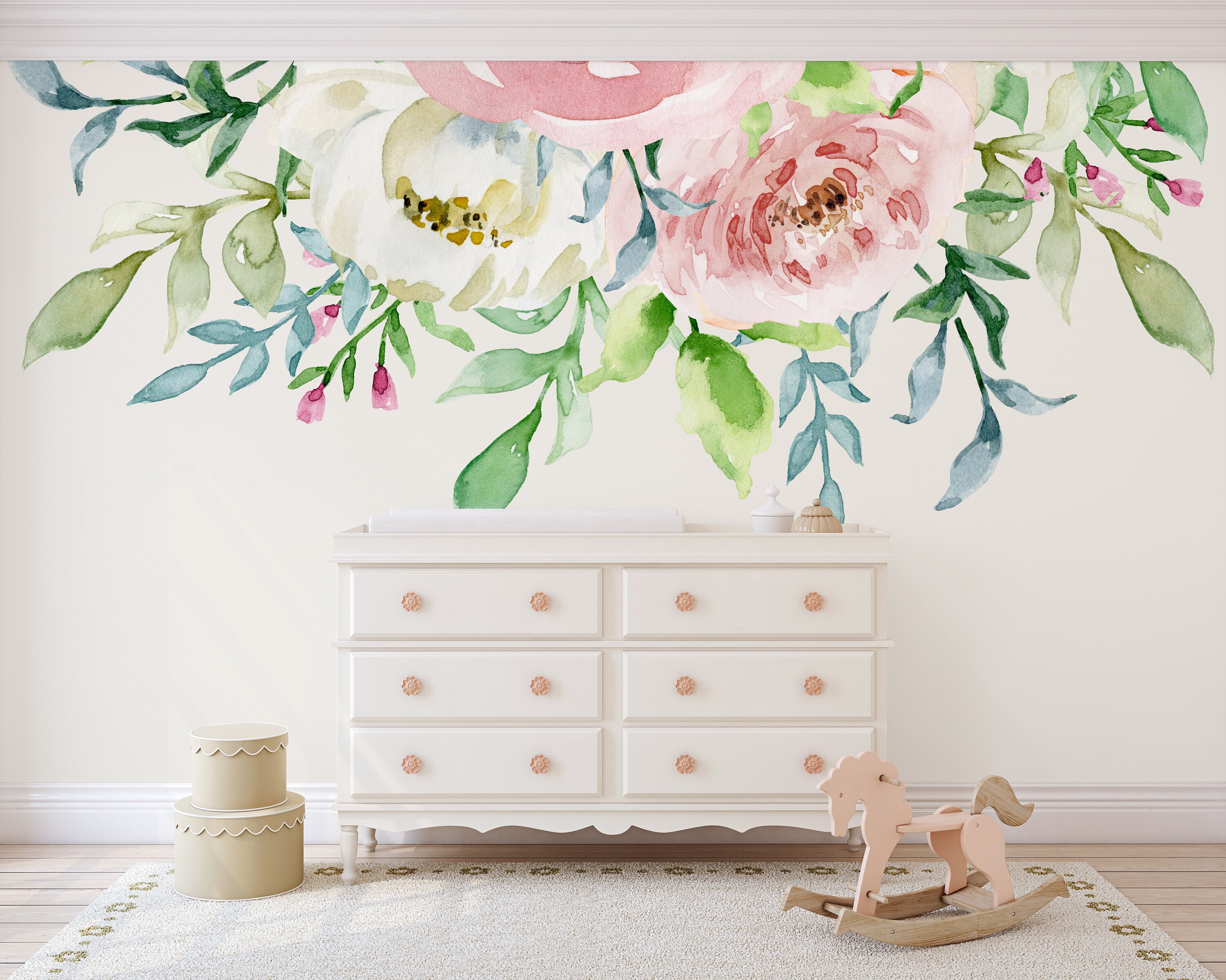 Pastel EVELYN Pink & White Flowers Peonies Blooms Wall Decals Mural ...