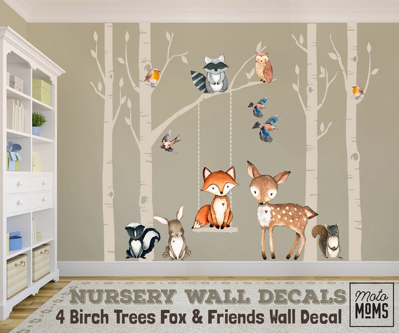 Woodland Nursery Wall Decor 4 Birch Trees Fox & Friends Fox - Etsy