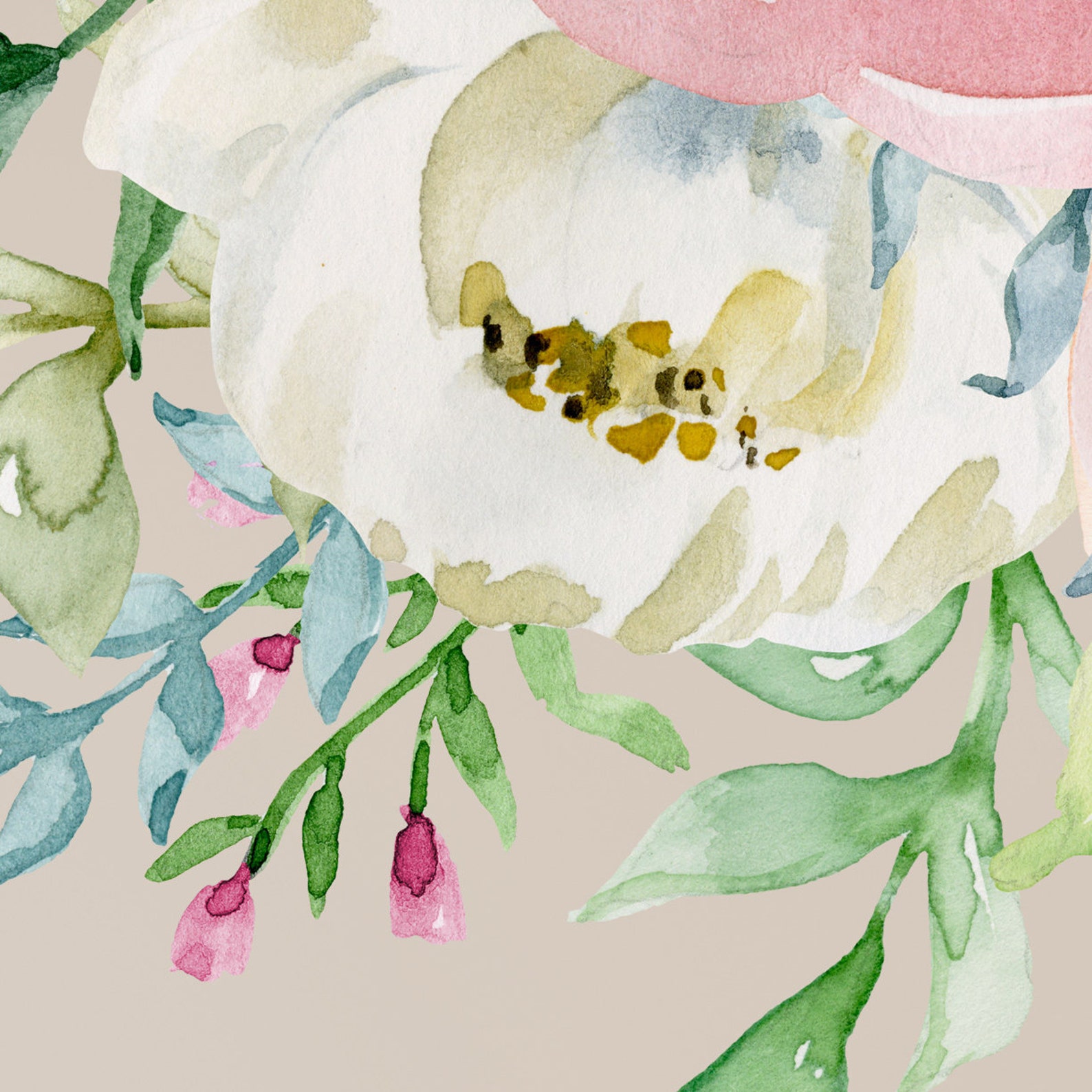 Pastel EVELYN Pink & White Flowers Peonies Blooms Wall Decals Mural Bohemian Watercolor Flowers ...