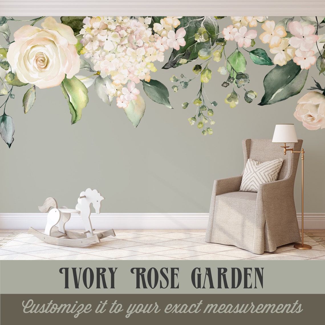 IVORY ROSE GARDEN Floral Wall Decal Mural Blooms Wall Mural | Etsy