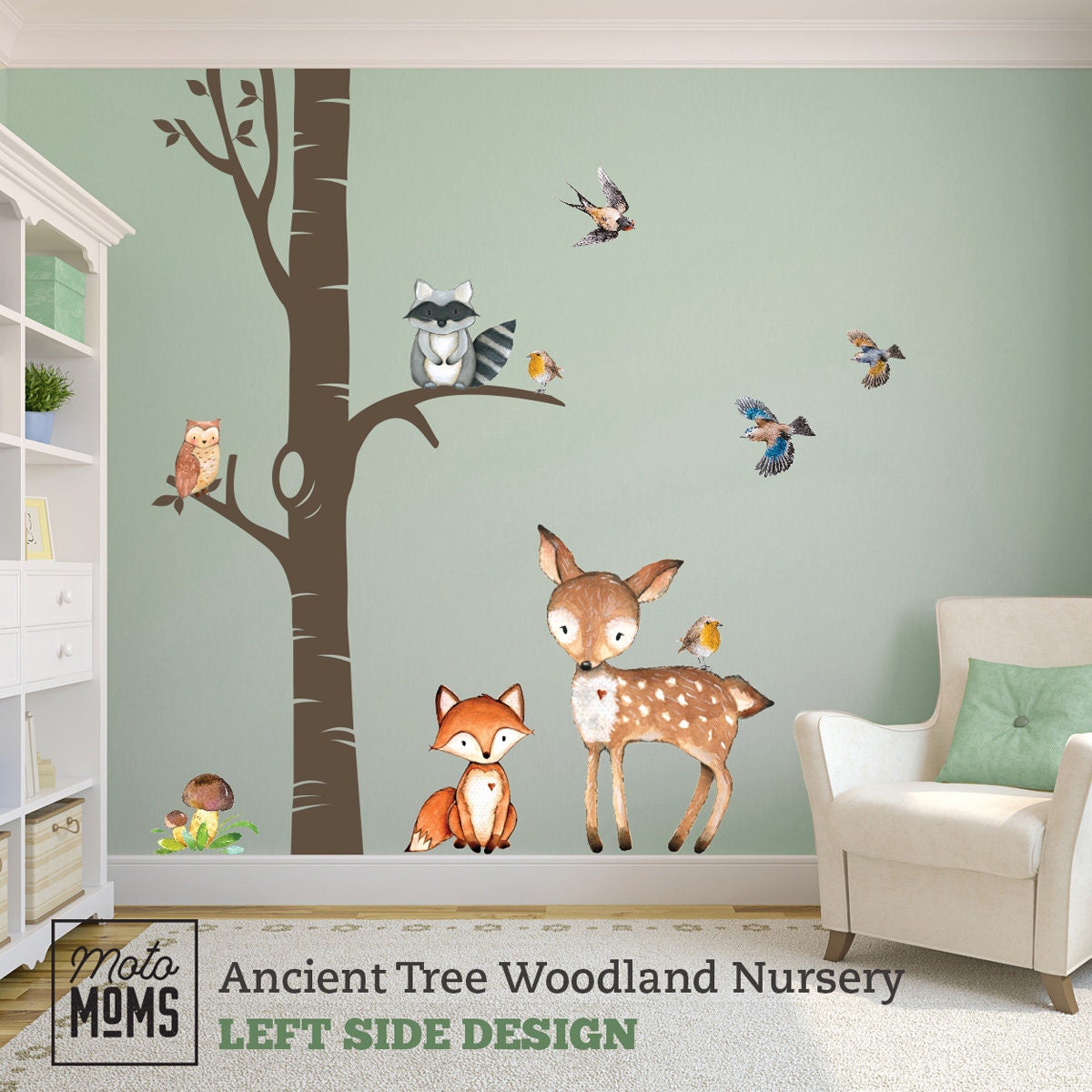 Nursery Trees Wall Decor Woodland Ancient Tree Watercolor Animals Fox ...
