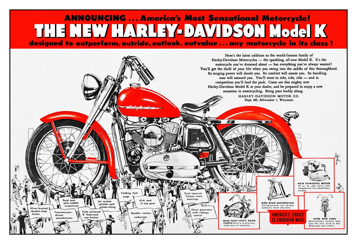 Harley Davidson 1952 Model K Vintage Advertising Poster | Etsy