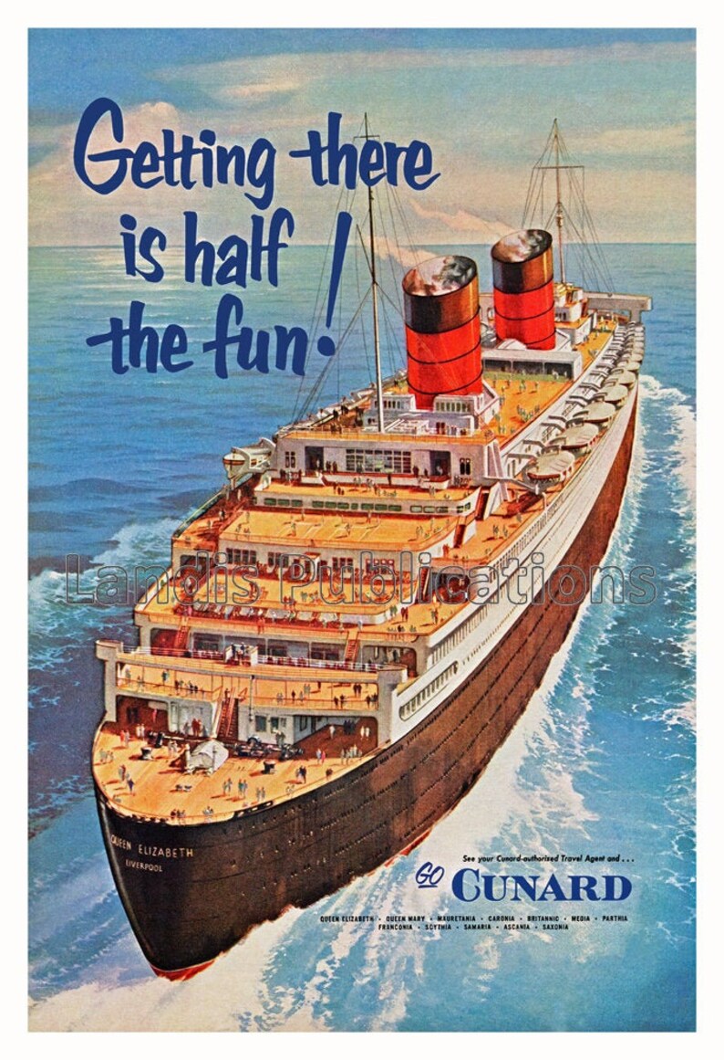 Cunard Lines Queen Elizabeth Ocean Line Travel Poster | Etsy