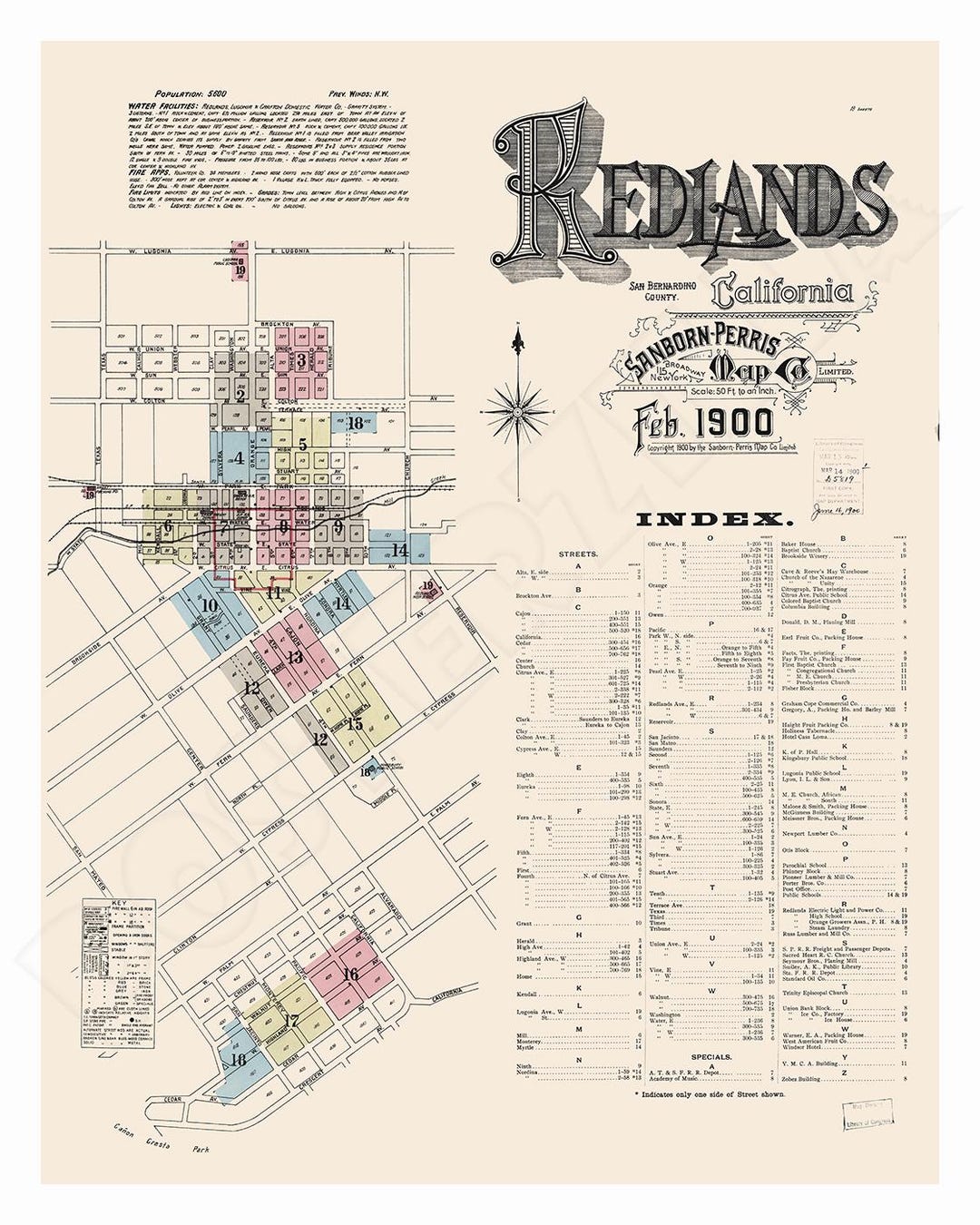 Redlands, Ca. 1900 Sanborn Fire Insurance Exquisitely Detailed Map ...