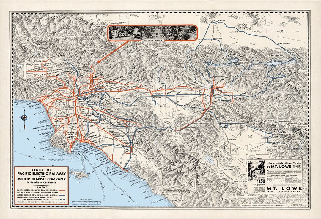 1933 Pacific Electric Map With Mount Lowe Advertisement - Etsy
