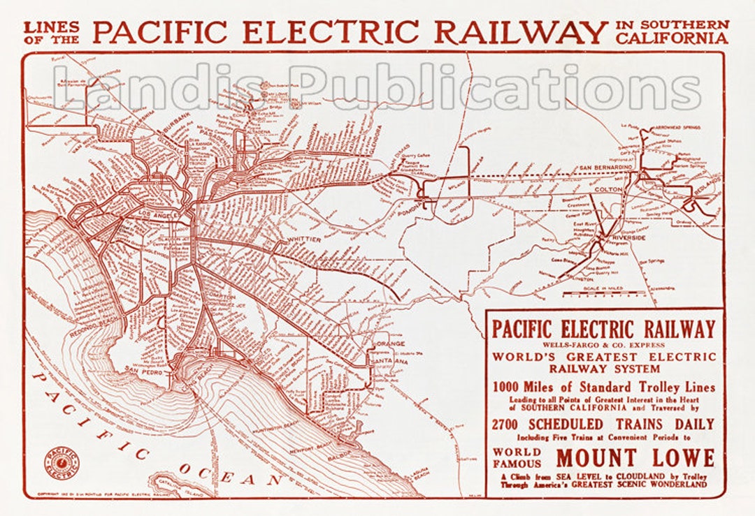Pacific Electric Railway Map 1913 With Mount Lowe Advertisement Poster ...